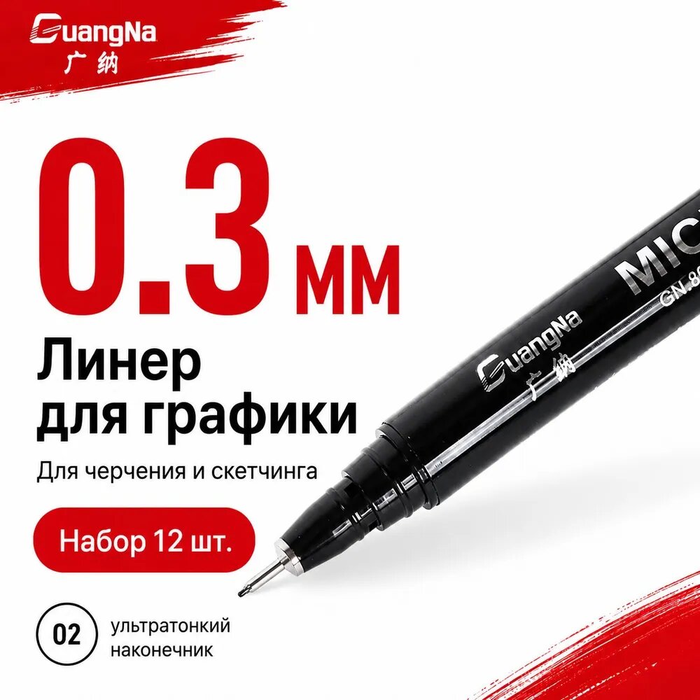 GuangNa Набор ручек Линер, толщина линии: 0.3 мм, цвет: Черный, 12 шт.