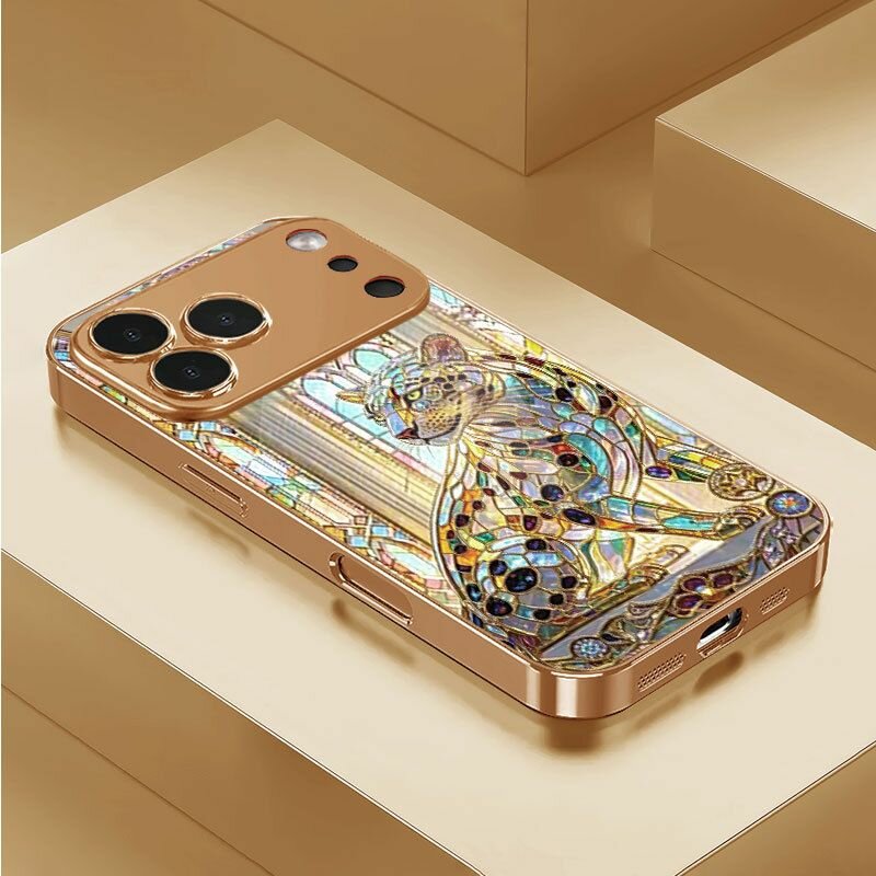 IPhone 17 Pro Разноцветный чехол из закаленного стекла со стразами, оконным орнаментом и леопардом, стильный дизайн