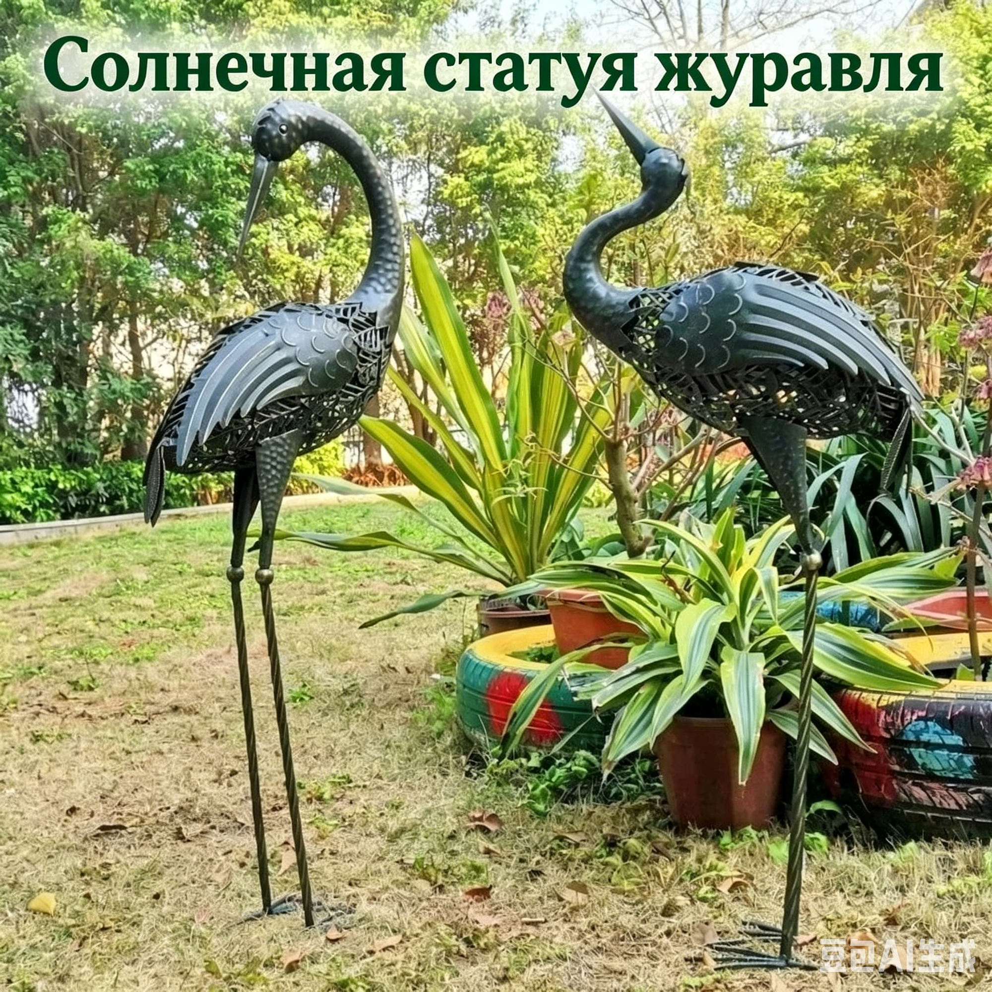 Статуя журавля с солнечной лампой для поделок из металла, набор из 2 частей