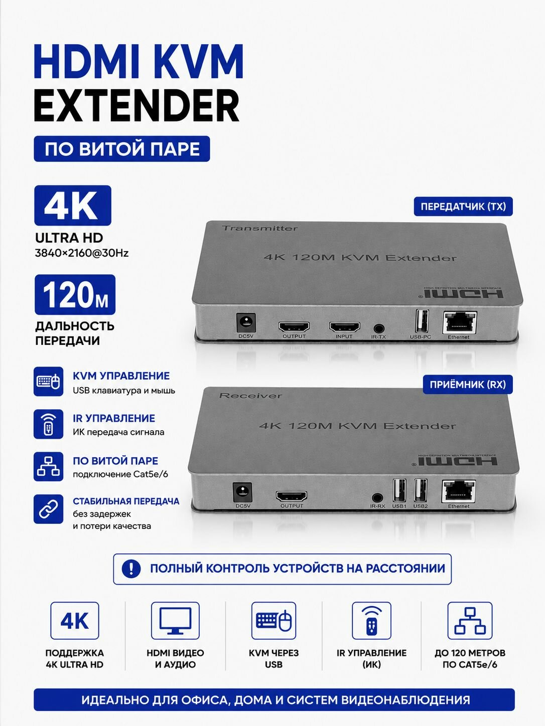 HDMI KVM удлинитель по витой паре до 120 м, 4K Ultra HD, USB KVM, IR управление, комплект TX + RX, ORIENT VE051