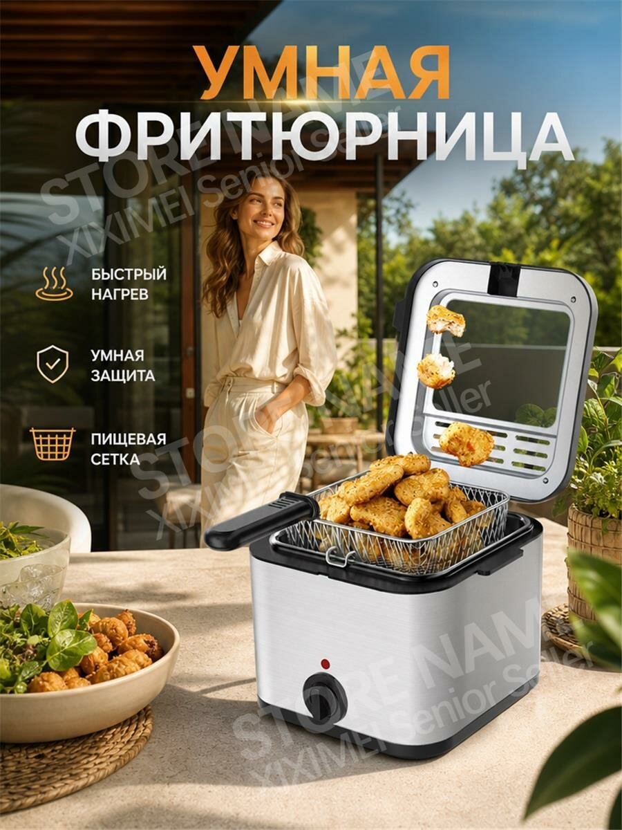 Фритюрница компактная бытовая ручная регулировка температуры, съемная корзина, корпус из нержавеющей стали, небольшой прибор для домашней жарки картофеля и закусок