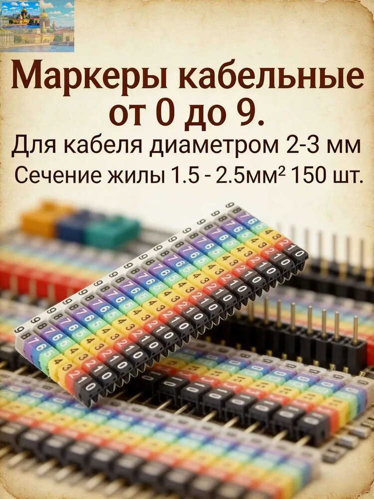 Маркеры кабельные термостойкие 0.75-1.5мм комплект цифр 0-9 150 шт