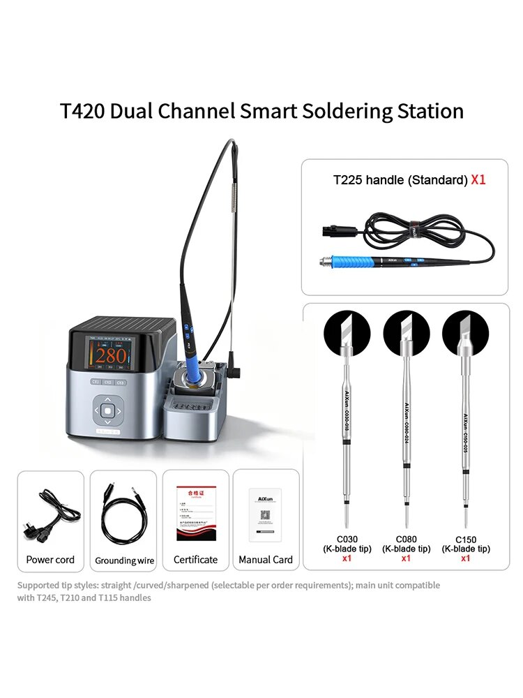 Станция для пайки AIXUN T420 Smart Dual Channel с ручкой T225 и наконечниками C030, C080, C150 для ремонтной станции PCB SMD