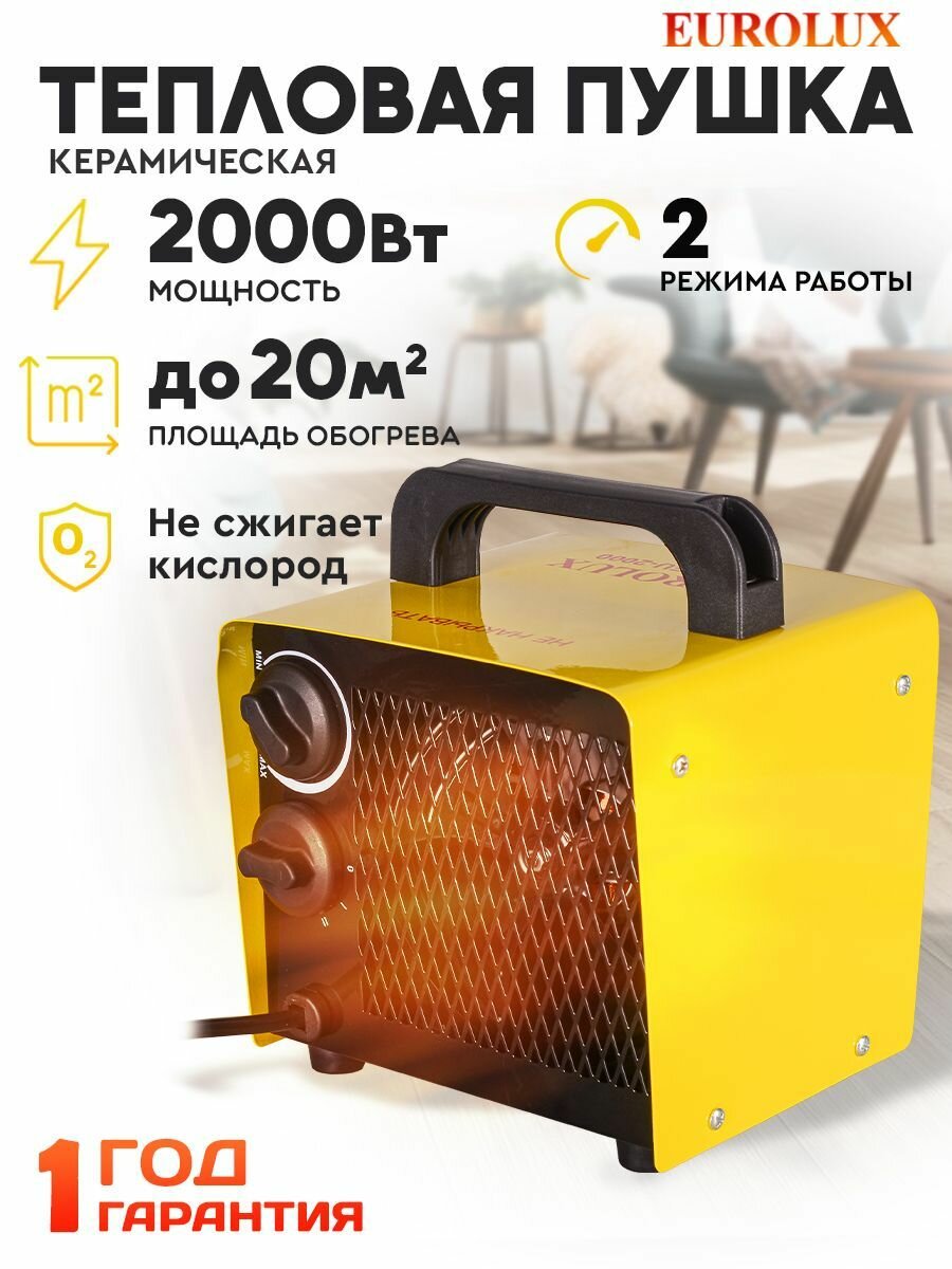 Пушка тепловая электрическая ТЭПК-EU-2000 - 20 м2 / 2 кВт (керамический нагревательный элемент, квадратная) Eurolux ; обогреватель для дома