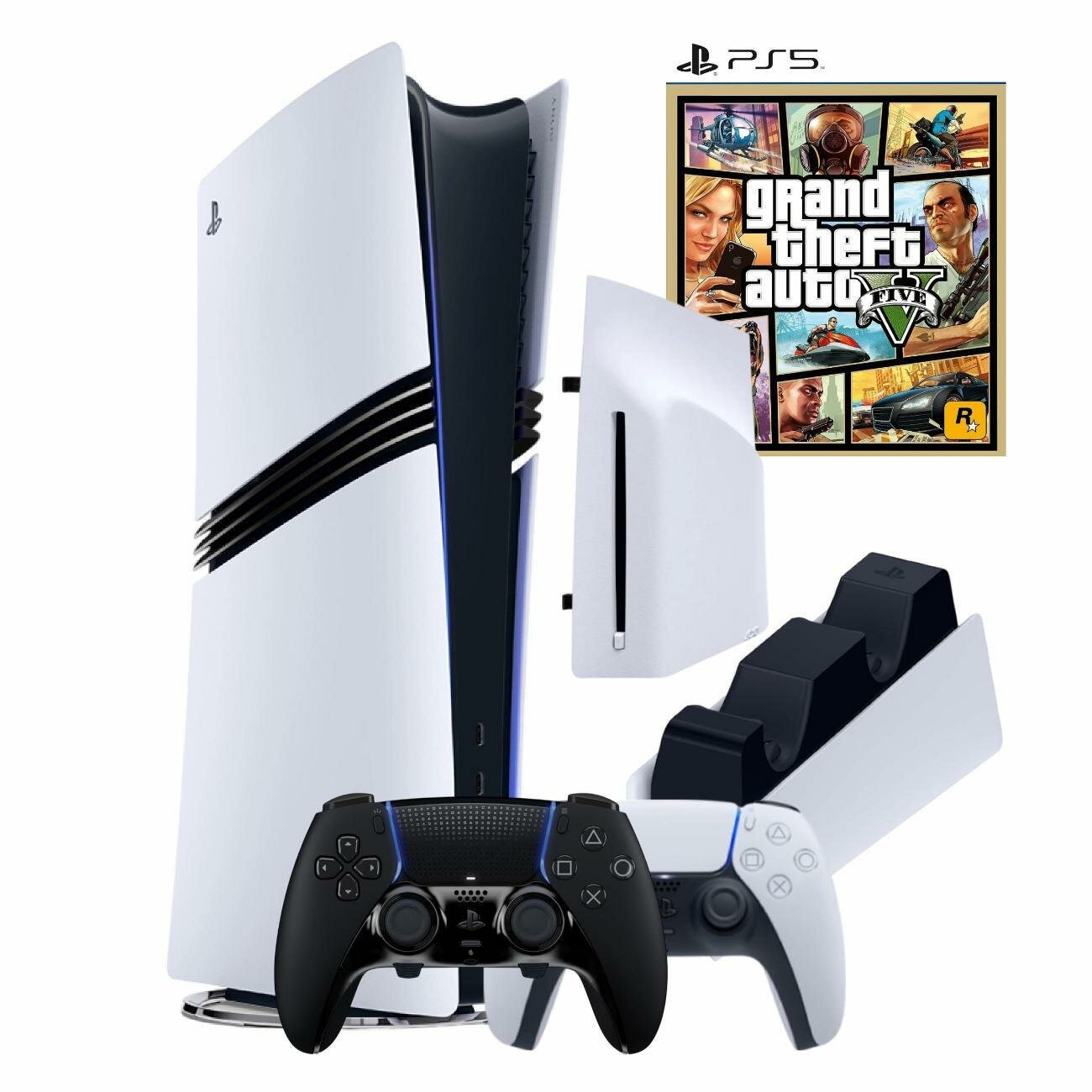 Игровая приставка Sony PS5 Pro + 2й геймпад Edge Black черный + игра GTA + станция зарядки + дисковод