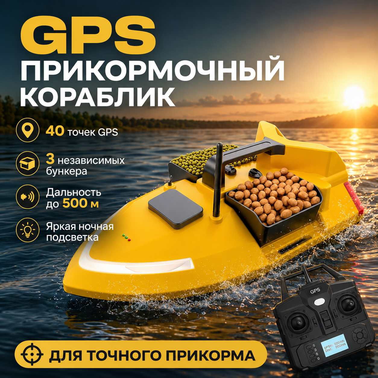 Прикормочный кораблик для рыбалки с GPS V020, 2 аккумулятора по 12000 мАч (8 часов работы), Автовозврат, Круиз-контроль