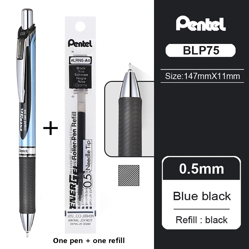 Гелевая ручка Pentel BLN75 Plus 0,5 мм черная Pen plus refill