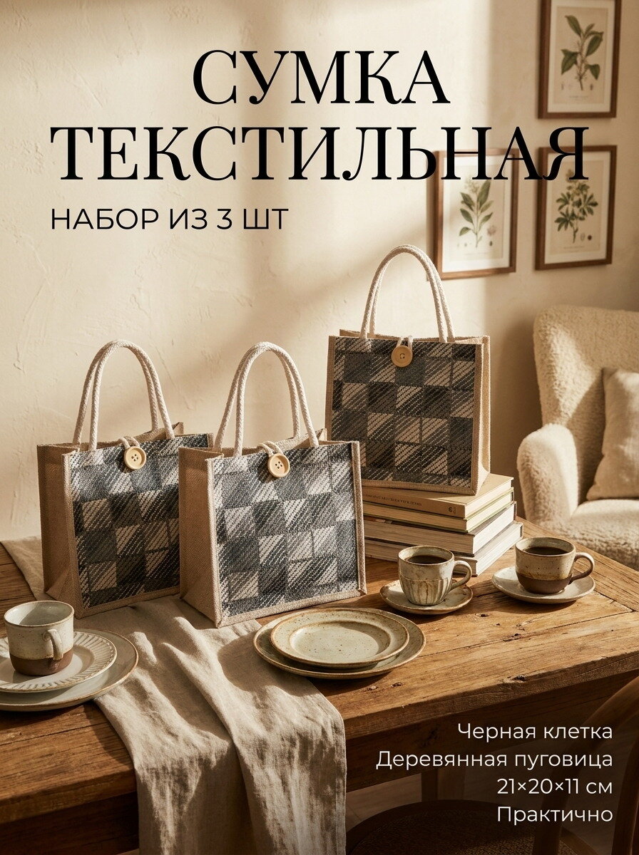 Сумка текстильная, в клетку, черная, 21х20х11 см, 3 шт