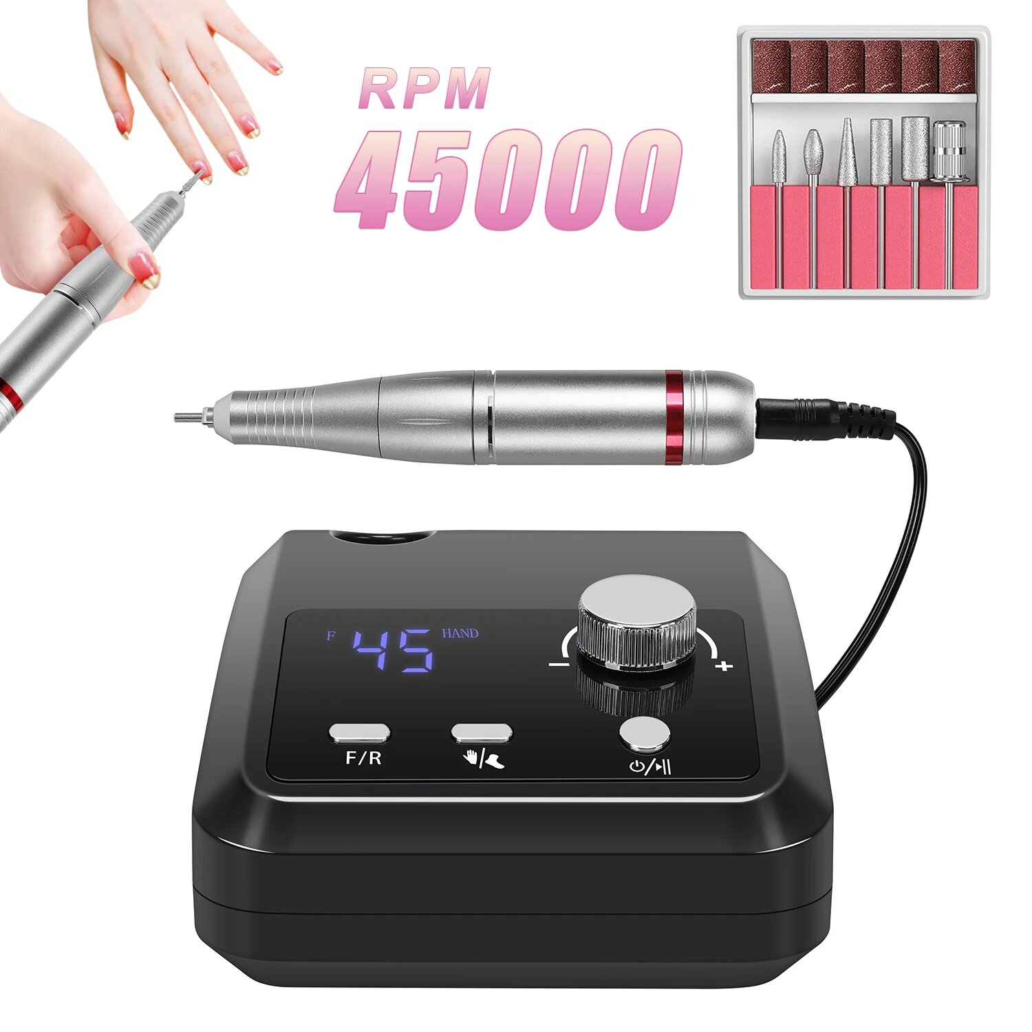 Электрическая дрель для маникюра 45000 об/мин, Black, EU plug