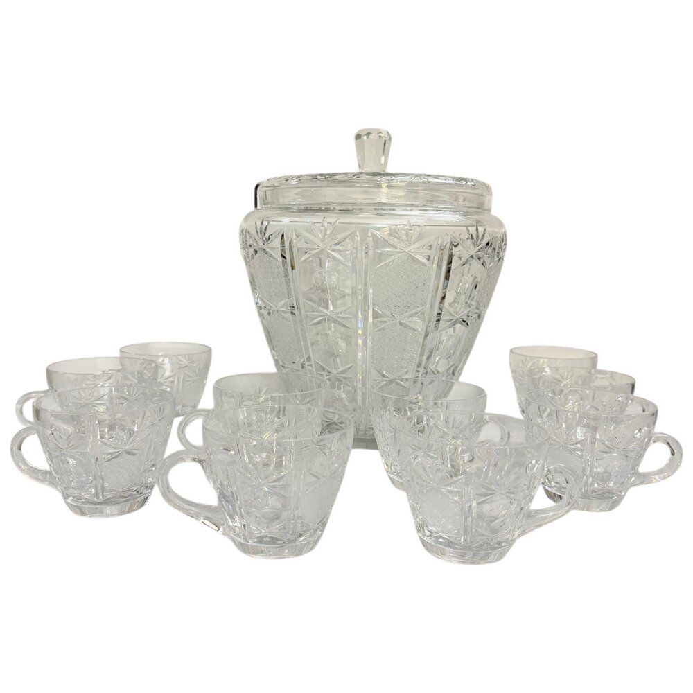 Крюшонница с 10-ю кружками, 5 л, хрусталь, алмазная грань, 1960-1970 гг, NACHTMANN (?), Германия.