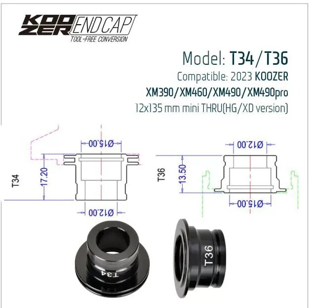 Комплект колпачков T34+T36/12x135 mini thru XD/HG/ для передней втулки Koozer XM490pro/XM490/XM390/XM450