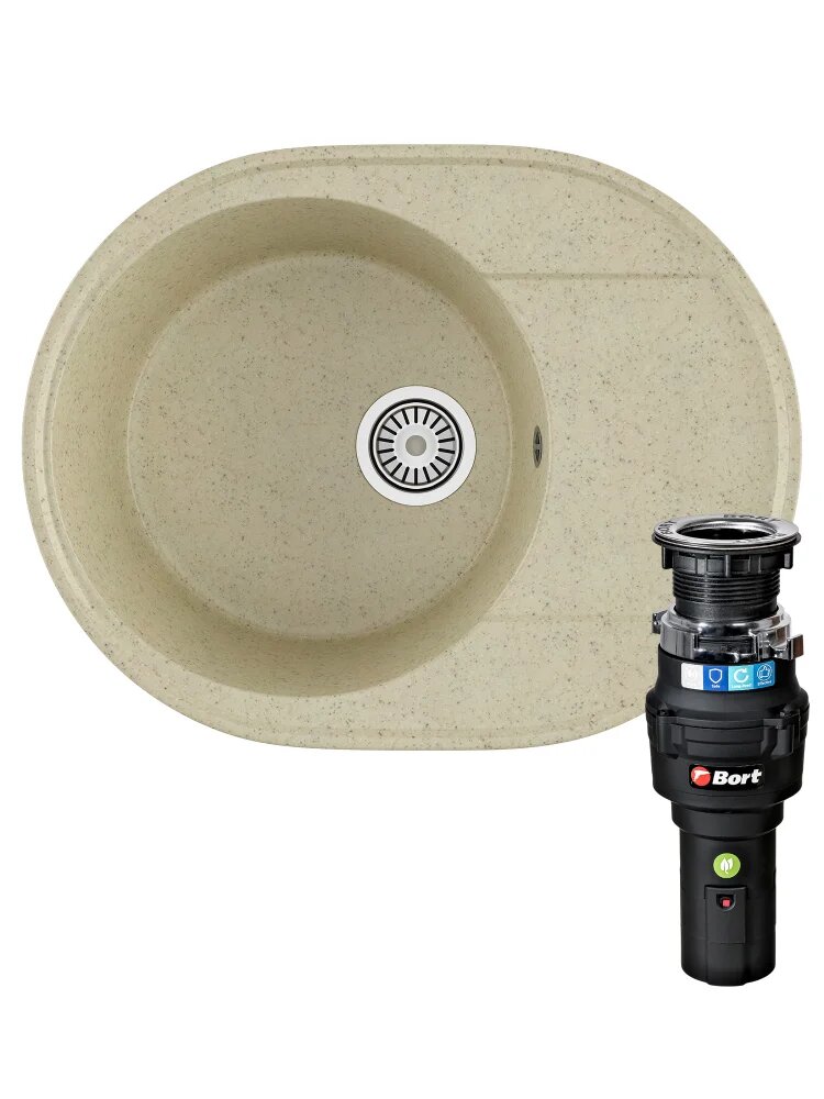 Комплект Мойка Domaci Палермо PR-610-002 61x47, бежевая, искусственный мрамор / Измельчитель Bort Caiman 93418064 электрический, нержавеющая сталь