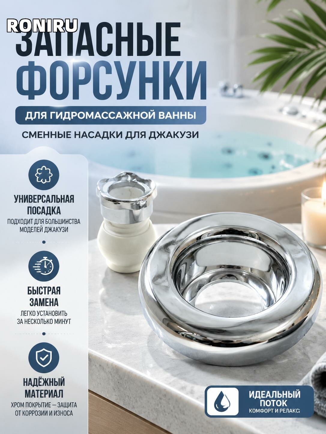 Запасные форсунки для гидромассажной ванны, сменные насадки для джакузи хром, универсальная посадка, быстрая замена