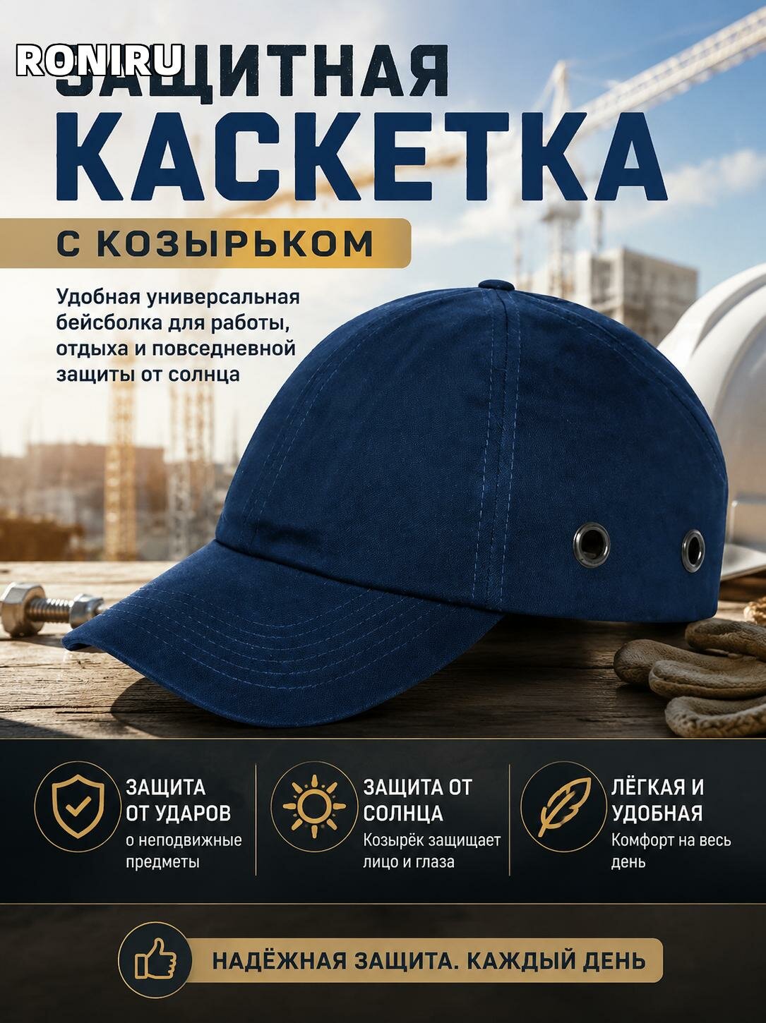 Каскетка защитная с козырьком - удобная универсальная бейсболка для работы, отдыха и повседневной защиты от солнца