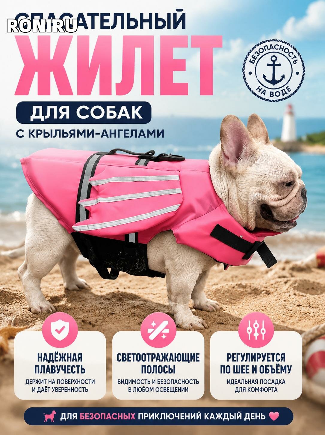Спасательный жилет для собак с ангельскими крыльями и светоотражающими полосами, регулируемый по шее и объёму.
