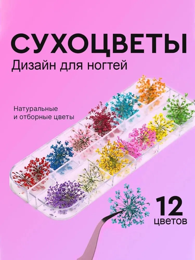 Сухоцветы для ногтей - дизайн для маникюра, декор для ногтей, набор сухоцветов для творчества 12 шт, диаметр 1-2 см, в комплекте органайзер для хранения