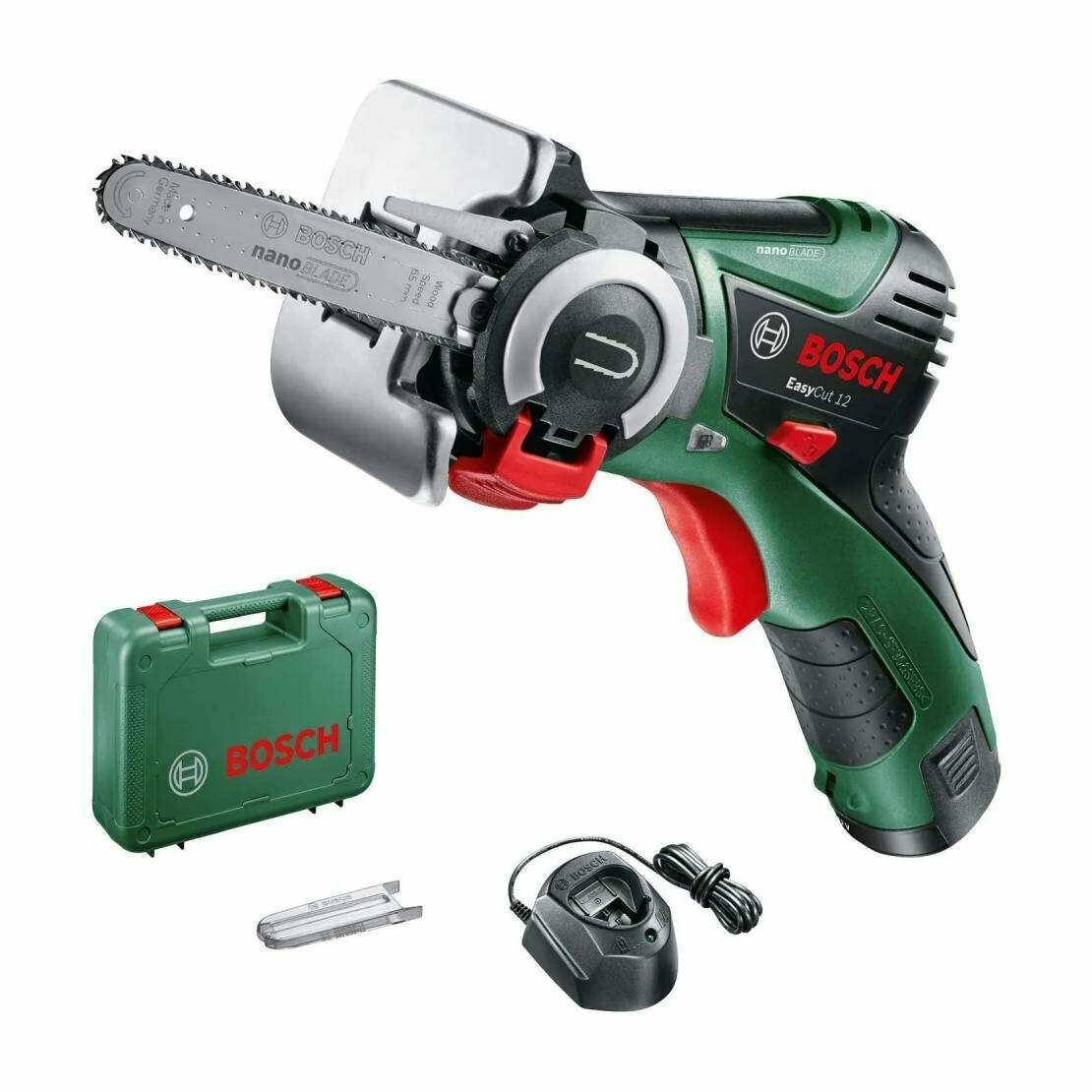 Аккумуляторная цепная пила Bosch EasyCut 12 (06033C9020), Li-Ion, 12 В, 2.5 А·ч, 4100 об/мин, зеленый