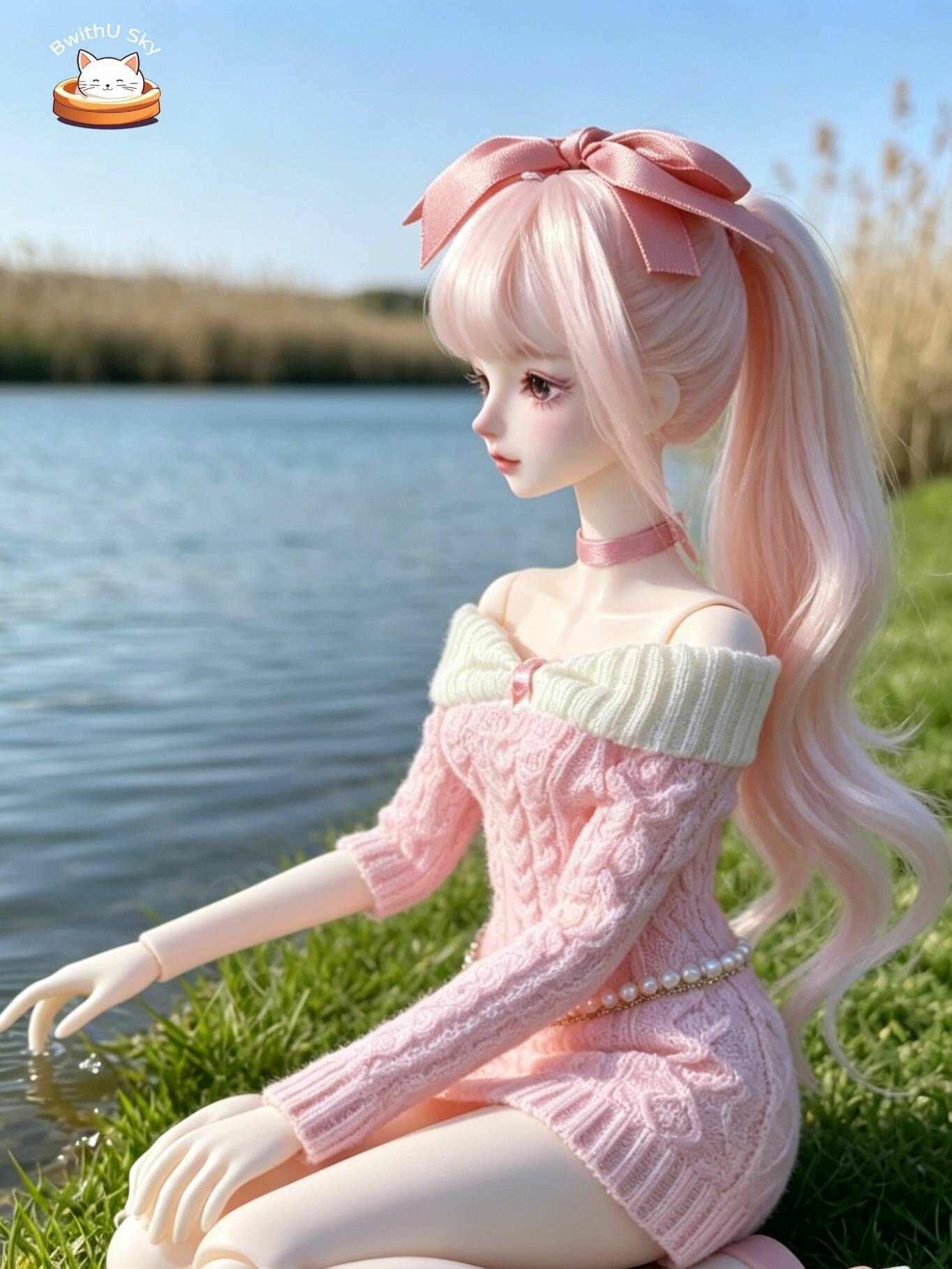 BwithUSky Fuka 1/4 BJD Кукла: Нежный розовый повседневный комплект из вязаного платья со спущенными плечами, жемчужным поясом и высоких белых гольфов