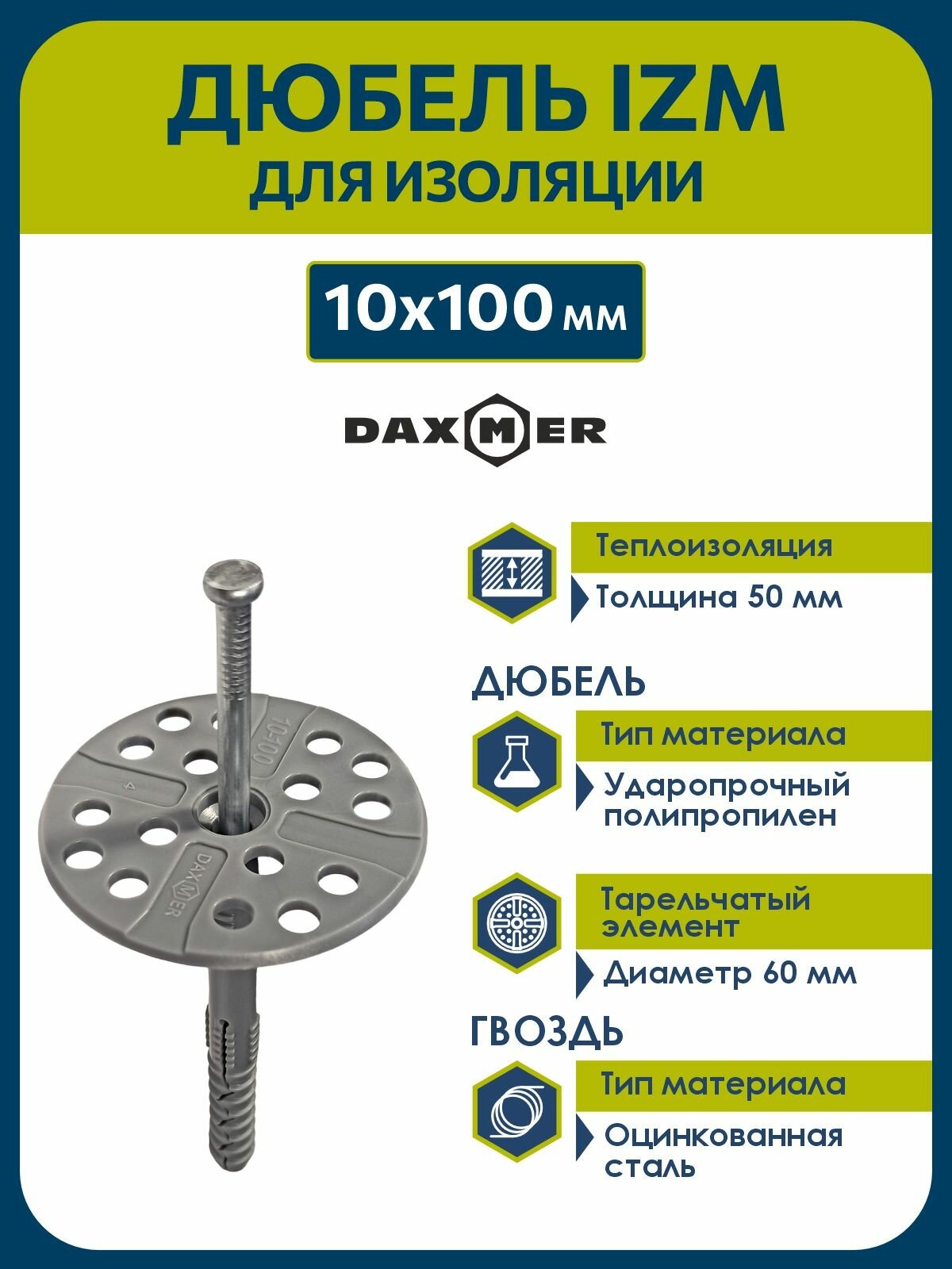 Дюбель для теплоизоляции 10х100 (100 шт) с металлическим гвоздем ИЗМ