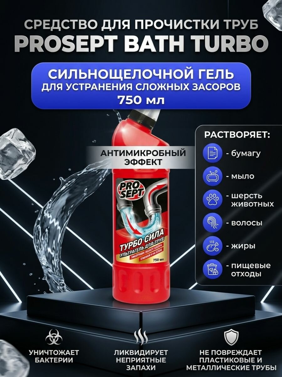 Средство для прочистки труб от засоров Prosept Bath Prof Turbo, 750мл