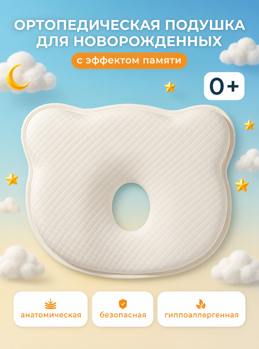 Подушка для новорожденных ортопедическая с эффектом памяти, хлопок, 0+, белая