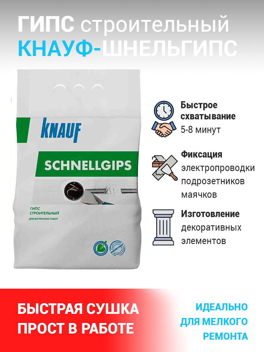 Гипс строительный КНАУФ-шнельгипс для внутренних работ и изготовления декоративных элементов, 2 кг