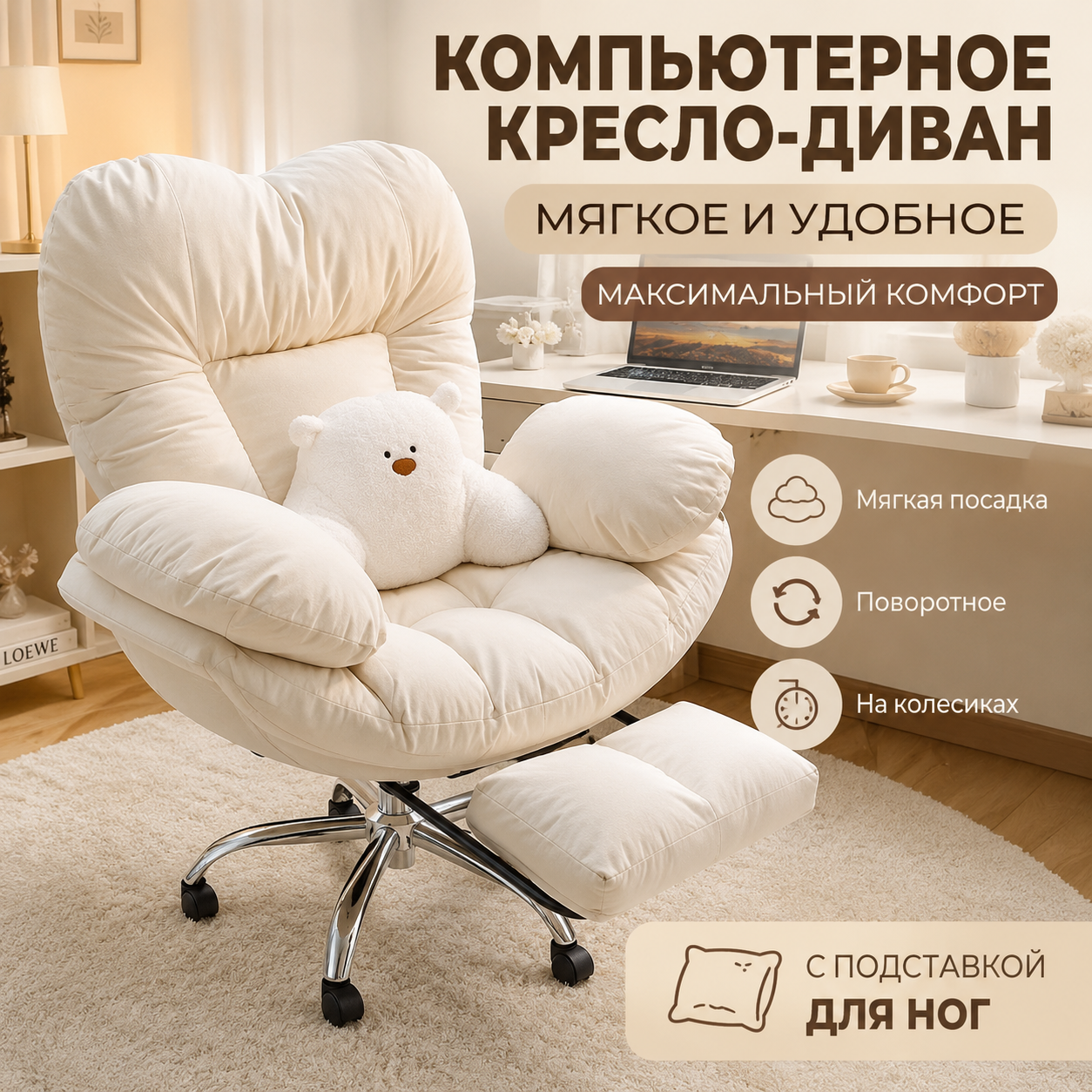 Кресло офисное, с подлокотниками и колесиками, для компьютера