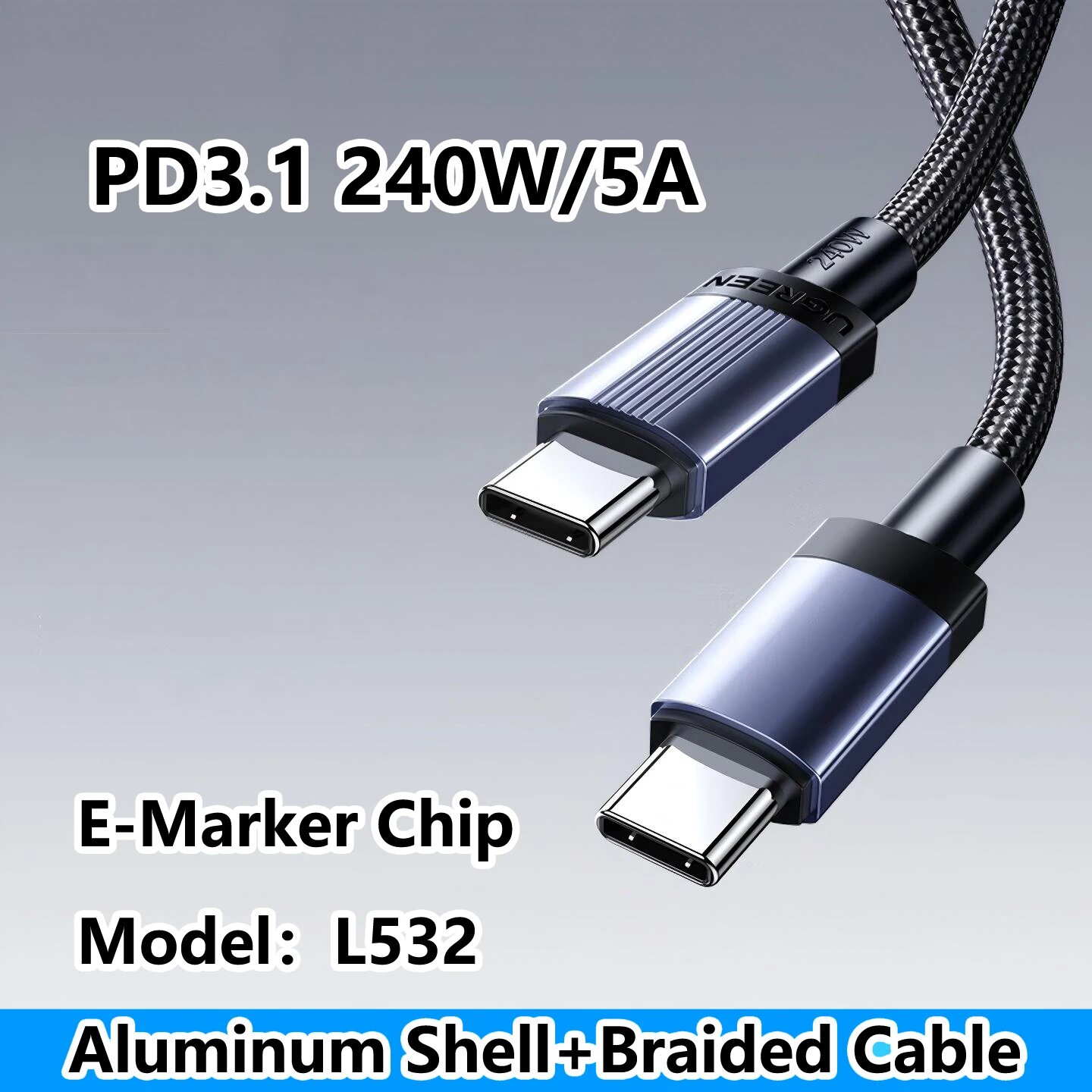 Кабель UGREEN USB Type C с угловым разъемом 90 градусов, USB C - USB C, быстрая зарядка 100W PD, для Apple iPhone 15, iPad, Macbook, Android, 2 м, 1 шт.