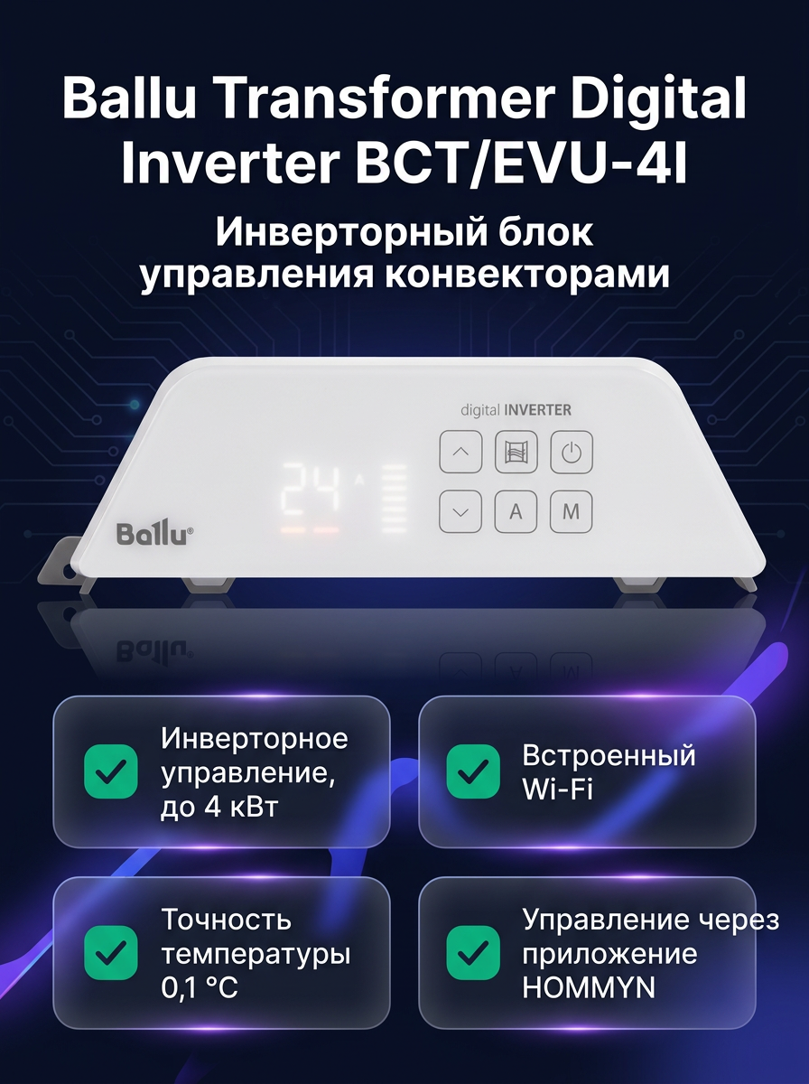 Блок управления для конвектора Ballu BCT/EVU-4I инверторный, Wi-Fi, до 4 кВт, 220-240 В