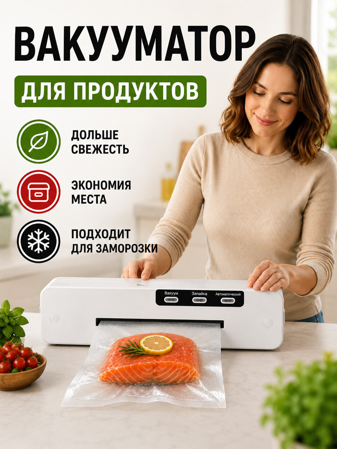 YirunPack Вакууматор для продуктов 120 Вт, пакеты в подарок 40шт, вакуумный упаковщик