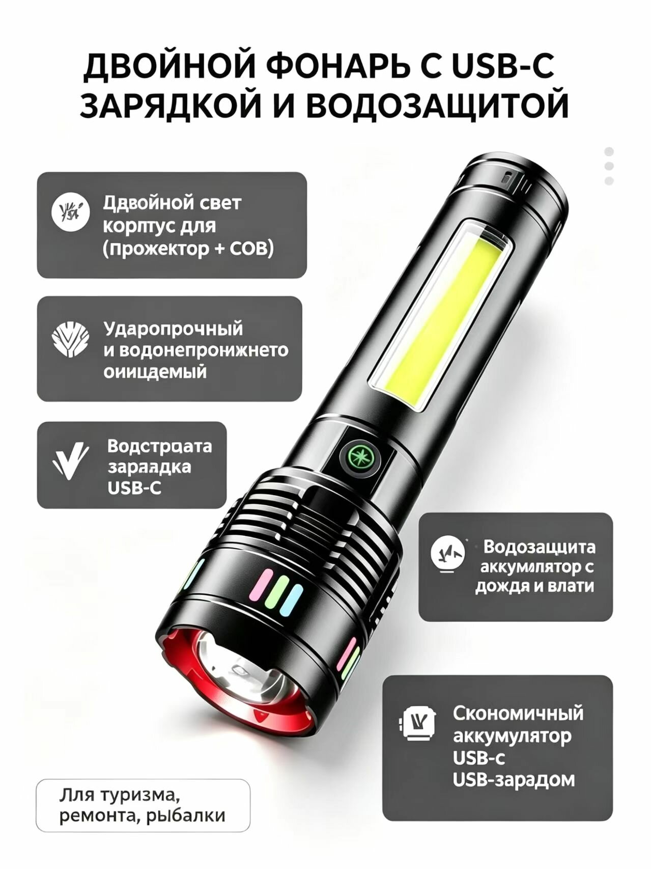 Сверхъяркий лазерный фонарь с двойным светом для кемпинга и походов