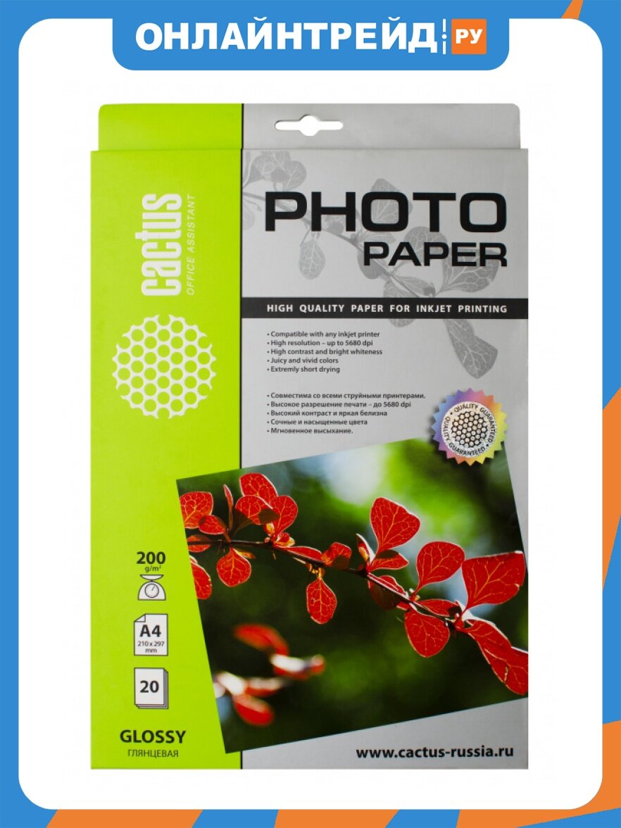 Фотобумага Cactus A4/200г/м2/20л./белый глянцевое для струйной печати