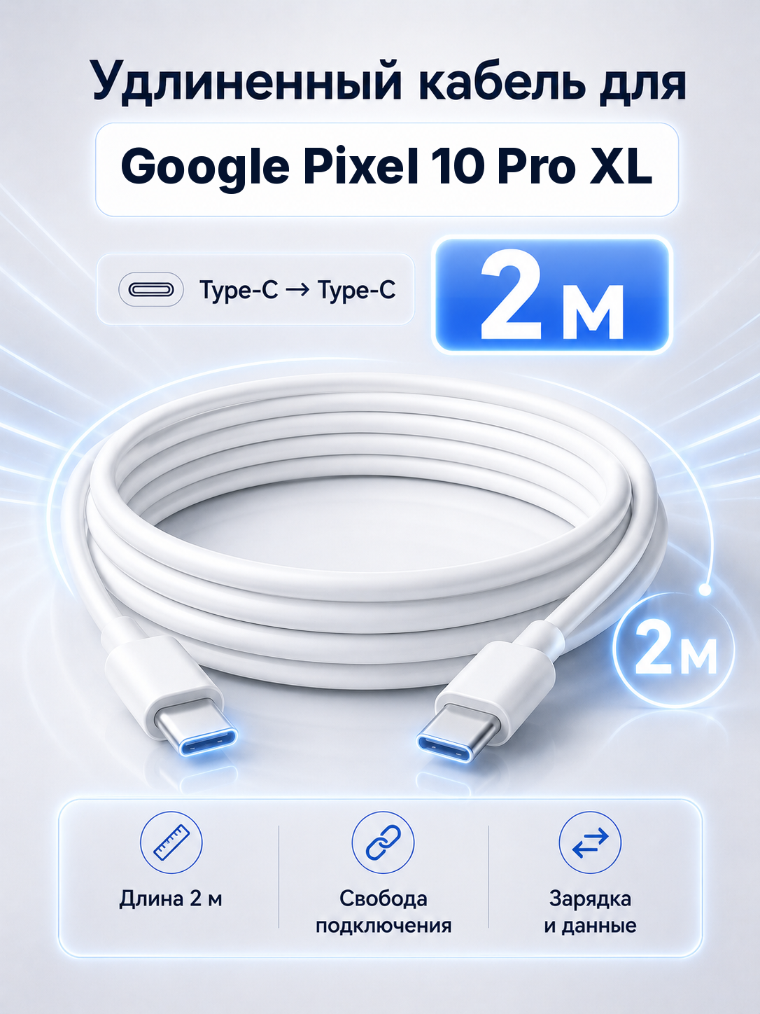 Удлиненный кабель для Google Pixel 10 Pro XL Type-C на Type-C, 2 м