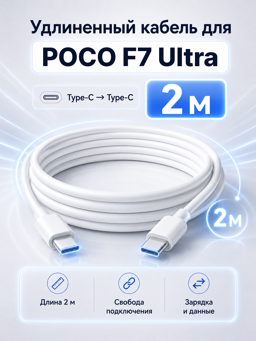 Удлиненный кабель для POCO F7 Ultra Type-C на Type-C, 2 м