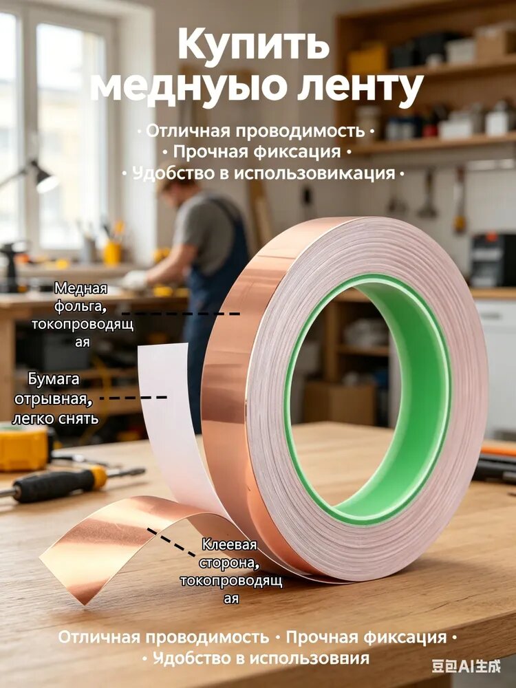 Лента из медной фольги с токопроводящим клеем (8 мм X 30 метра) рукоделие, витражи, пайка, электроремонт, заземление, экранирование 1 шт
