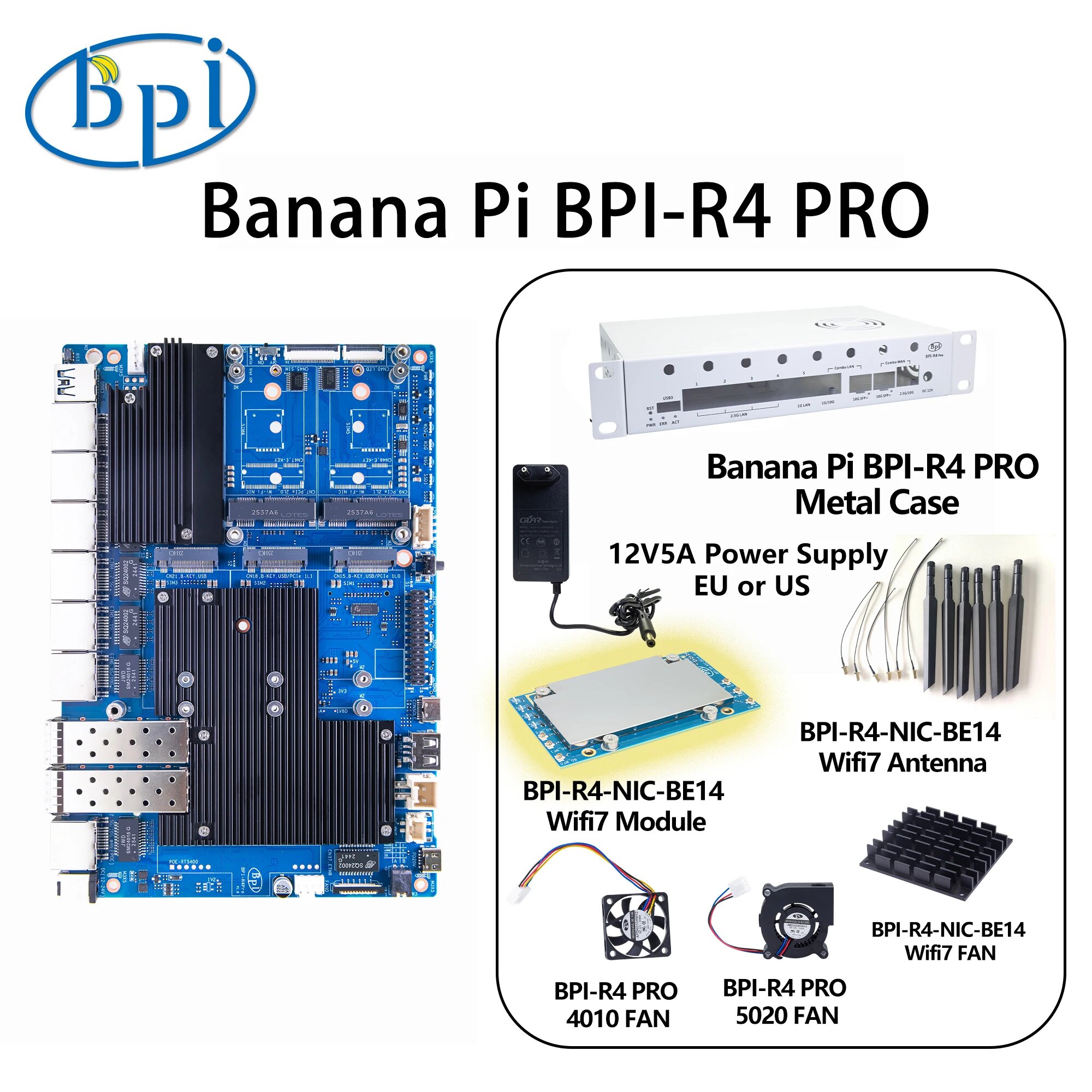 Комплект платы маршрутизатора Banana Pi BPI-R4 PRO с вентилятором корпуса, четырехъядерный процессор MediaTek MT7988A Cortex-A7, 8 ГБ DDR4 8 ГБ eMMC