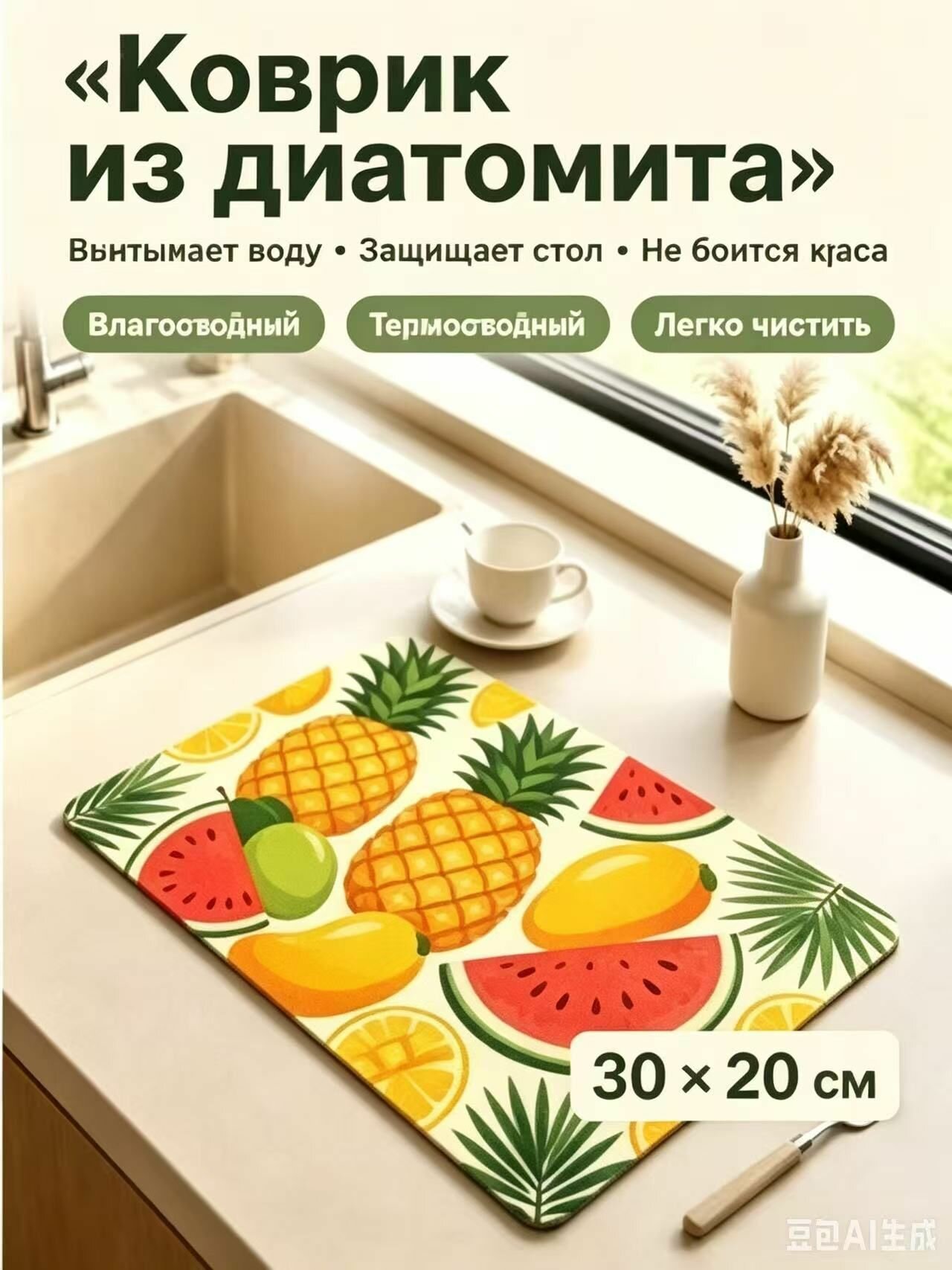 Коврик для сушки посуды, 30 см х 20 см х 1 см, 1 шт