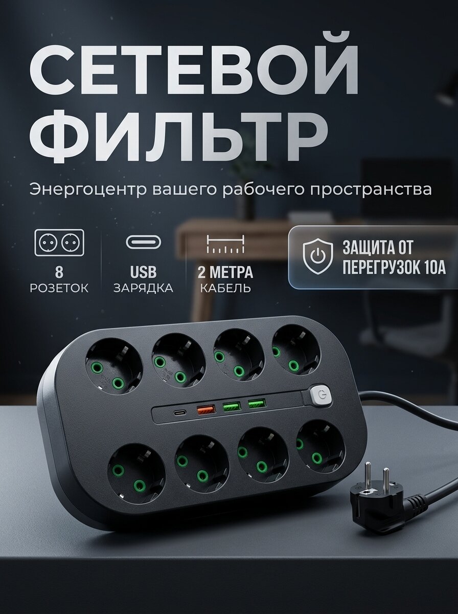 Сетевой фильтр удлинитель/Сетевой тройник с переключателем на 8 розетки и 3 входа для USB/ USB type-c/тройник/для дома/удлинитель