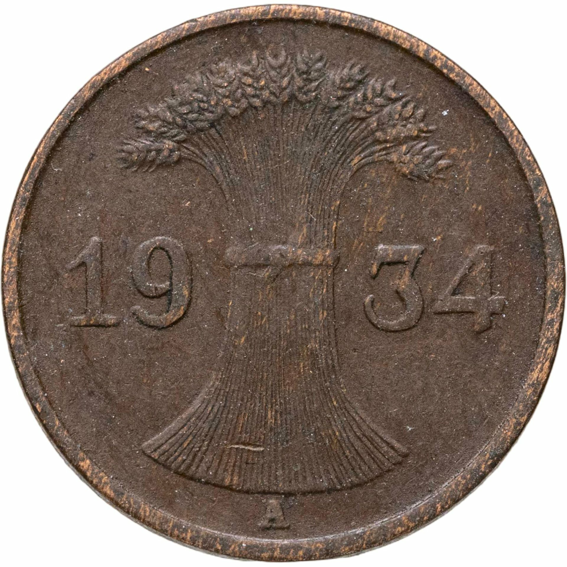 Германия 1 рейхспфенниг reichspfennig 1934 A знак монетного двора "A" — Берлин, Бронза, в сохранности VF
