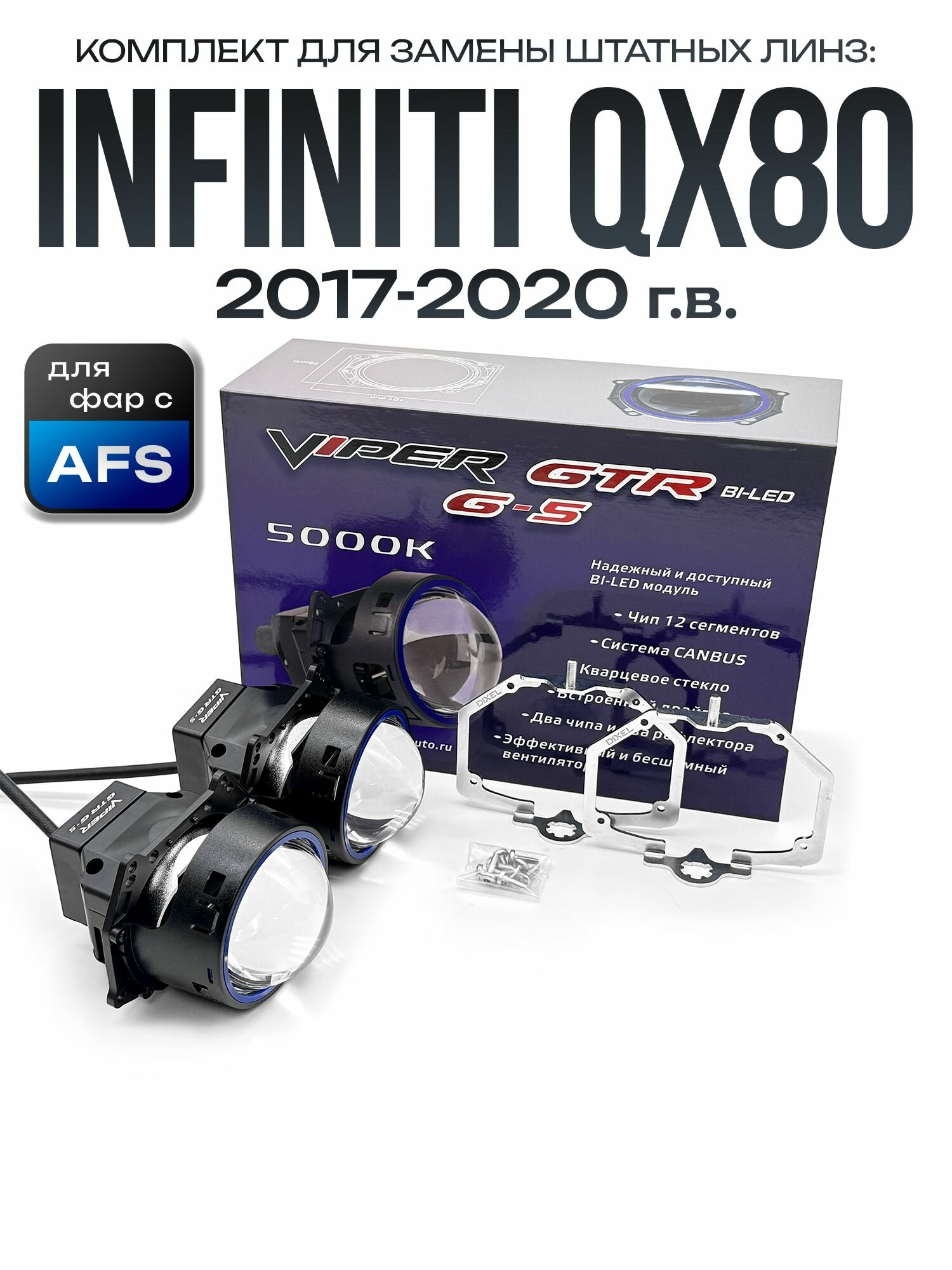 Светодиодные линзы bi-led Viper GTR G5 75W для LED AFS фар Infiniti QX80 2017-2020 / Билед модули Вайпер ГТР + рамки на адаптив Инфинити QX80