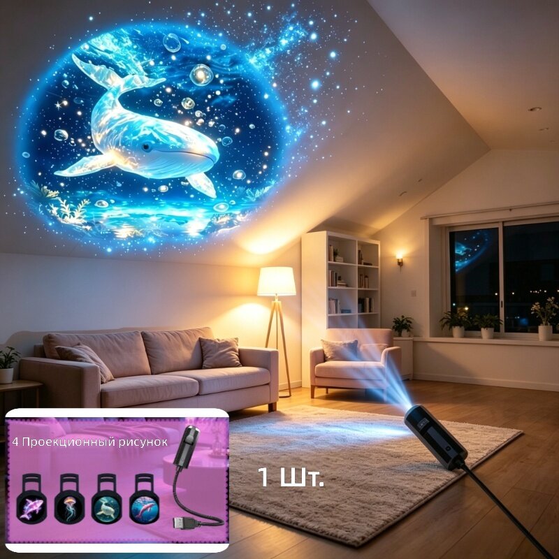 Ночник-проектор морской тематики с многоцветной LED-подсветкой, проекции кита, медузы и дельфина, настольный, USB