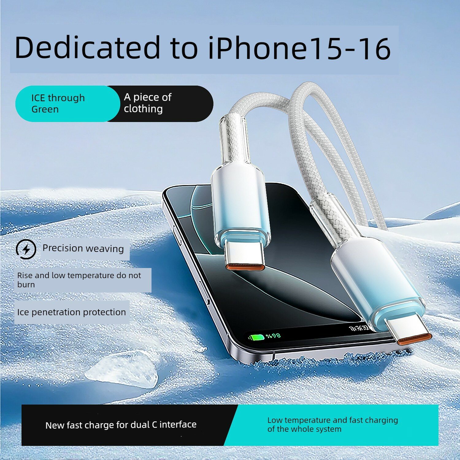 Совместимый с сериями Apple 15-17 ледяной прозрачный зеленый кабель быстрой зарядки PD, 1м, 1 шт.