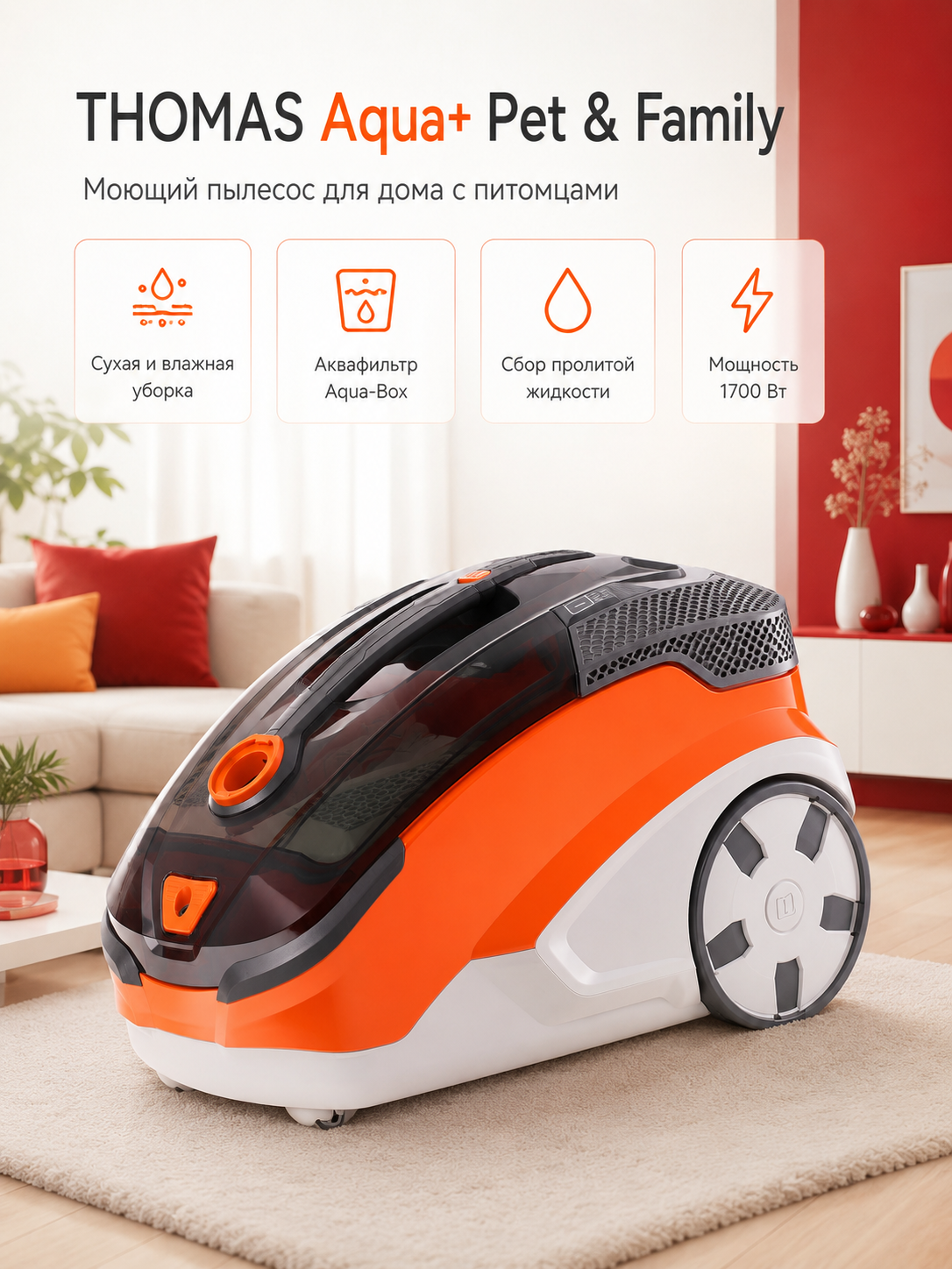 Пылесос моющий Thomas Aqua Pet & Family, сухая и влажная уборка, 1700 Вт, оранжевый/серый