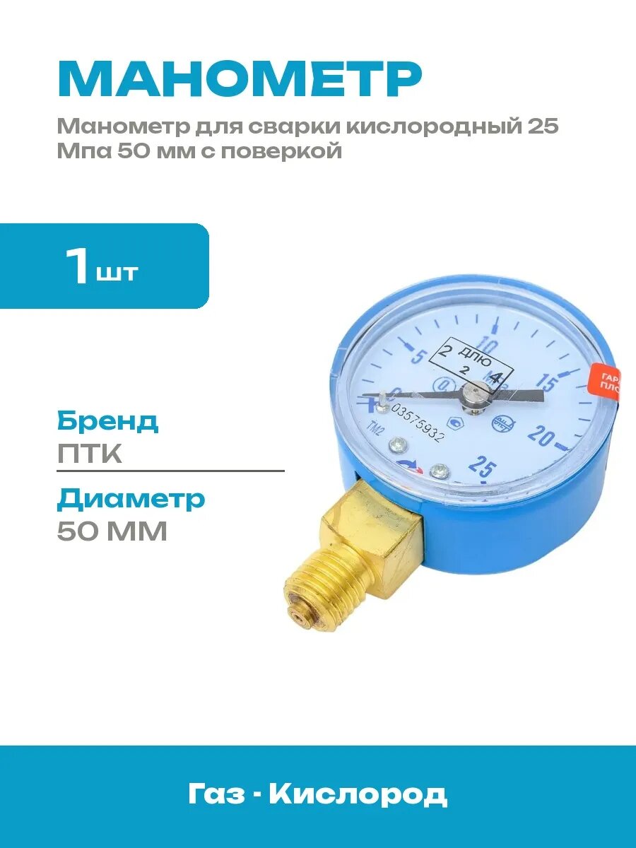 Манометр 25 Мпа радиальный для газосварочного редуктора 50мм
