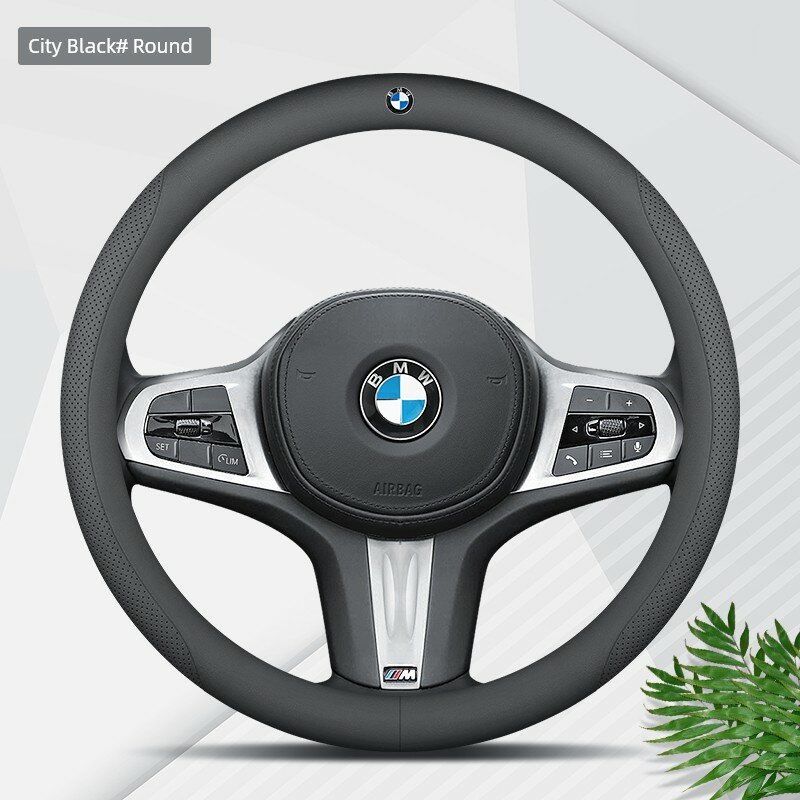Кожаный чехол для рулевого колеса BMW 3, 5, X1, X2, X3, X4, X5, X6, X7 - Черный с логотипом