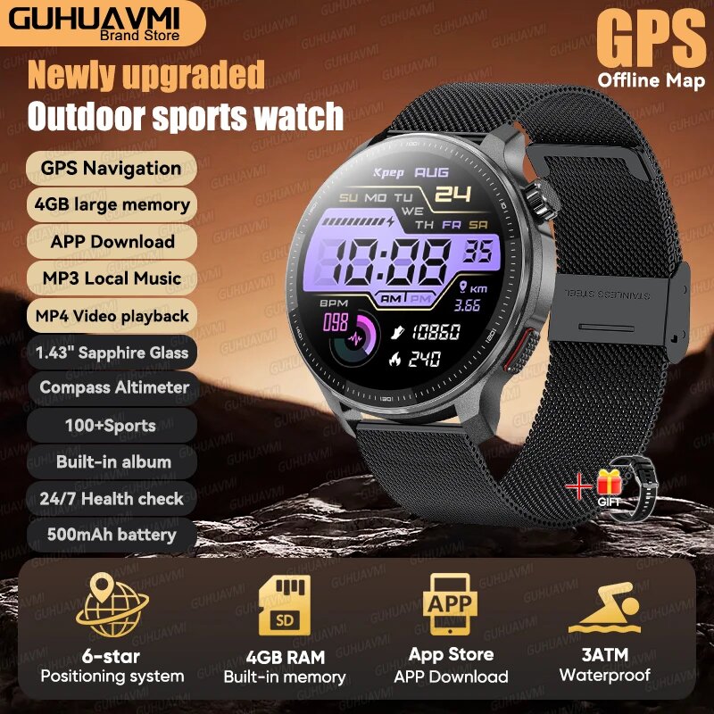 T-Rex3 2026 Мужские умные часы GPS 4ГБ Black Mesh Belt