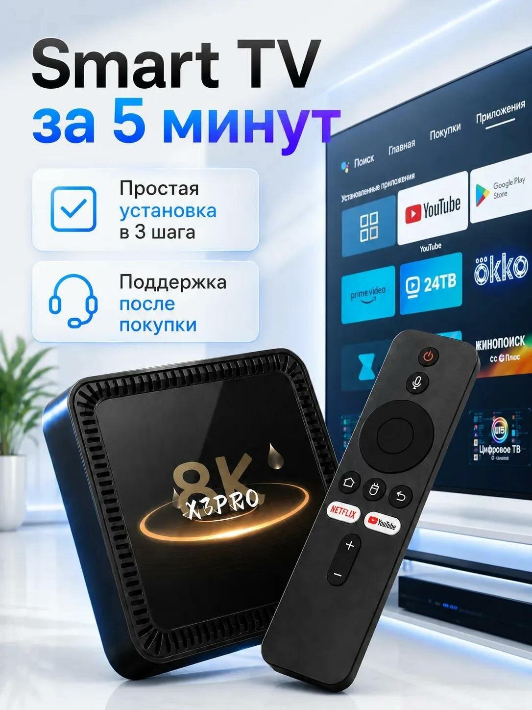 Смарт ТВ приставка для телевизора, Nerra, 8/128 Gb, медиаплеер Android 14