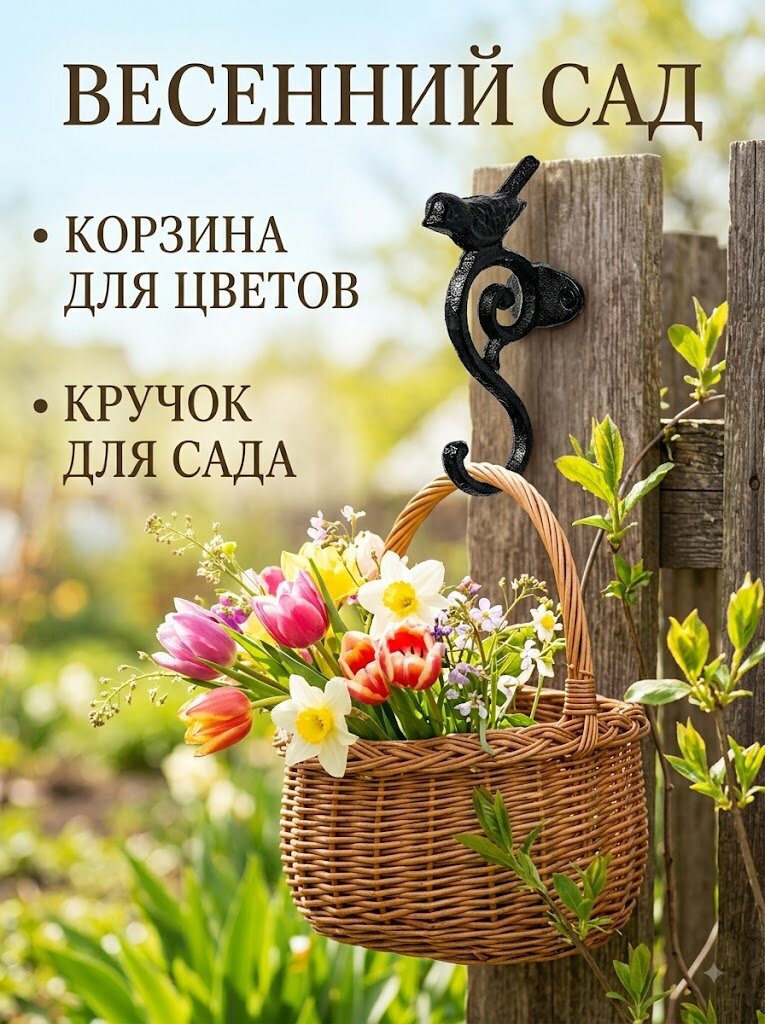 Крючок настенный чугунный птичка, держатель для подвесных кашпо и цветов, декор для дачи и сада, винтаж, 13х6.5 см