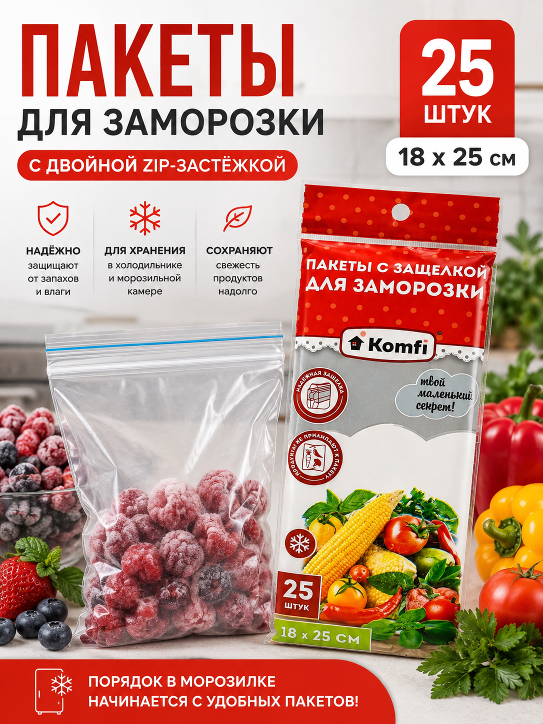 Komfi пакеты для заморозки, двойная zip-застёжка, 18x25 см, 25 шт