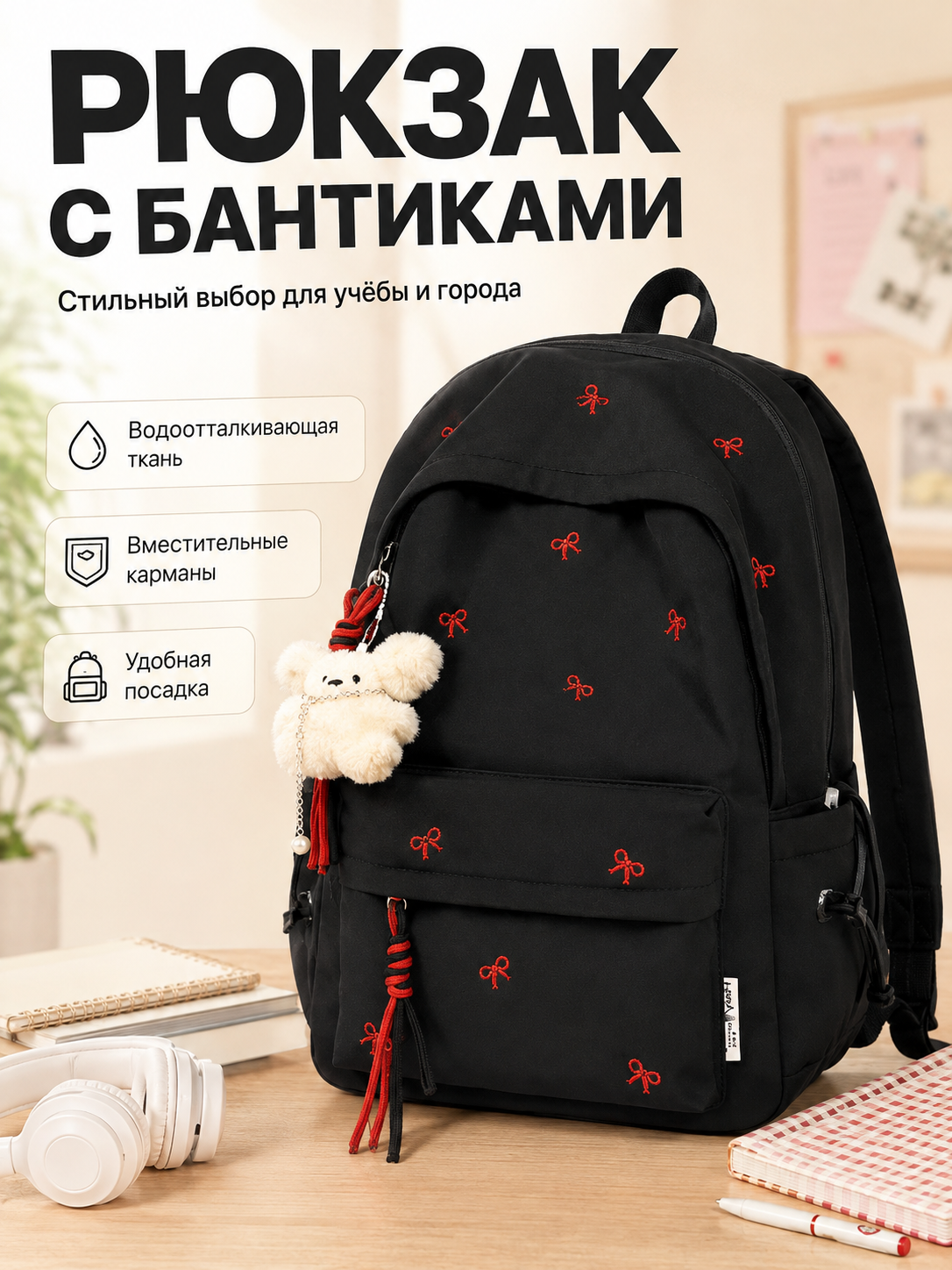 Рюкзак школьный подростковый Y2K с красными бантиками, водоотталкивающий, чёрный